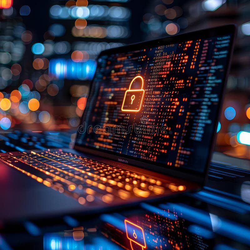 Closeup of a Secure Laptop with a Digital Lock Icon on Screen ...