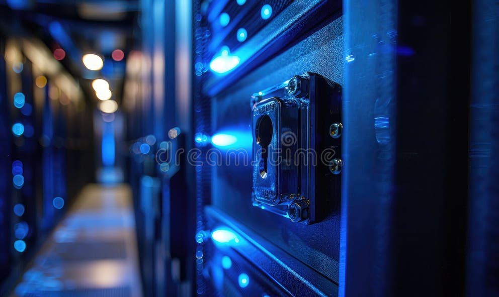 Close-up of a Secure Lock on a Server Rack in a High-tech Data Center ...