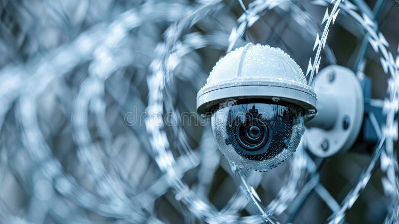 Close-up of a Security Camera in Focus Behind Blurred Barbed Wire in ...