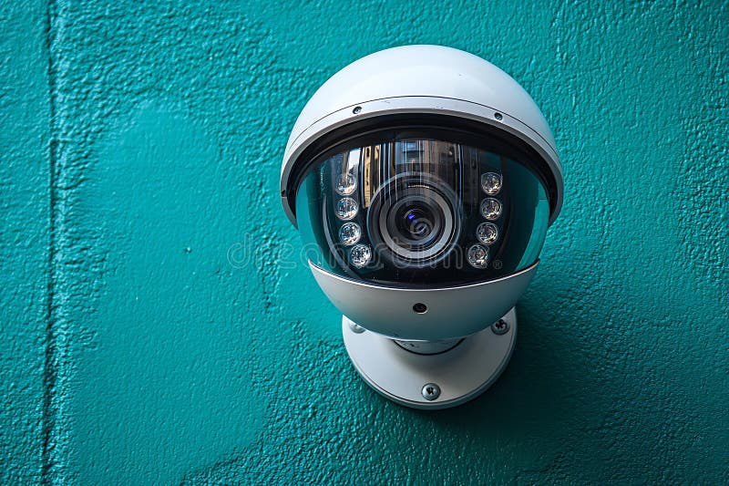 Close Up of a Security Camera Installed on a Textured Teal Painted Wall ...