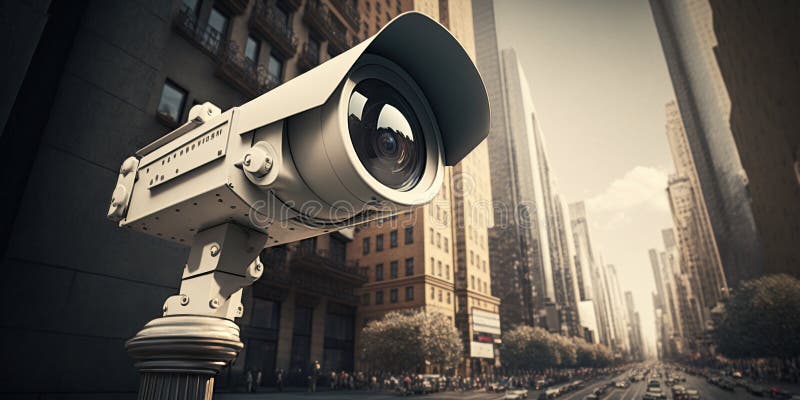 Close-up of a Security Camera Over Dramatic Perspective of Modern City ...