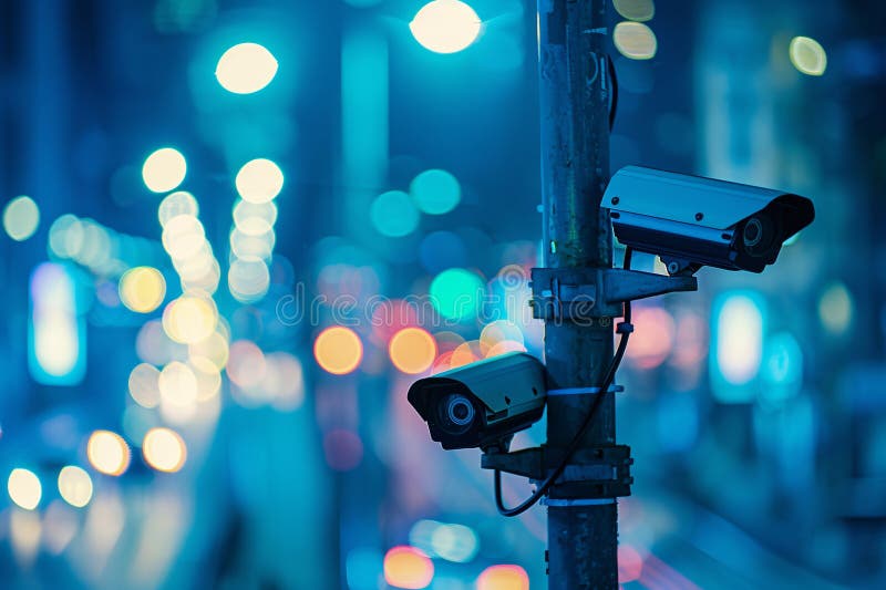 Close Up of Security Cameras on the Pole at Night Stock Illustration ...