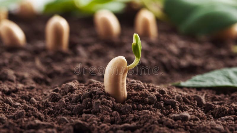 Close-Up of Seeding and Germinating Beans in Soil, Early Stages of ...