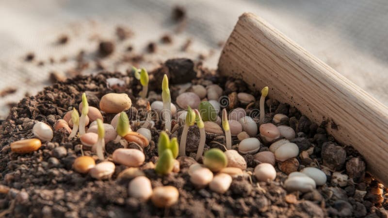 Close-Up of Seeding and Germinating Beans in Soil, Early Stages of ...