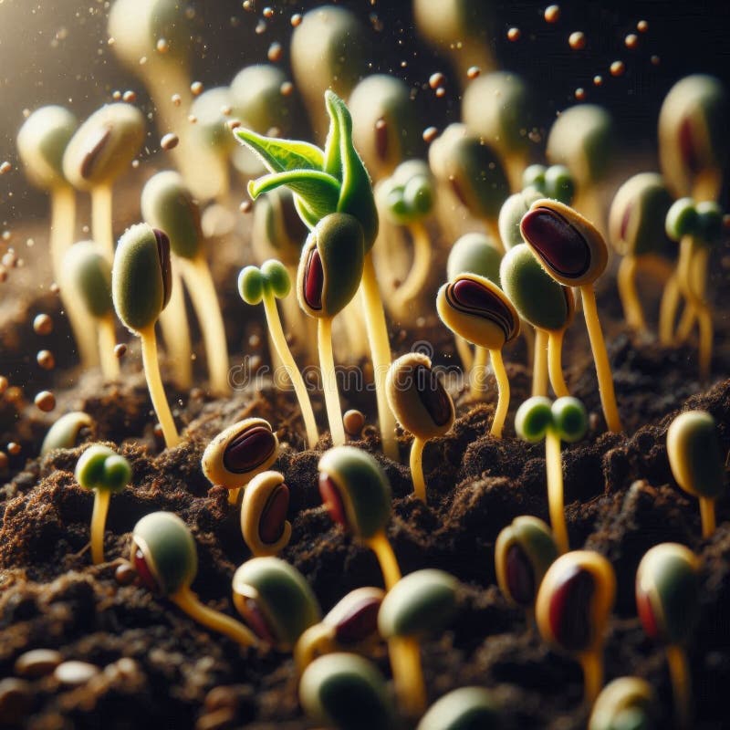 Close-Up of Seeding and Germinating Beans in Soil, Early Stages of ...
