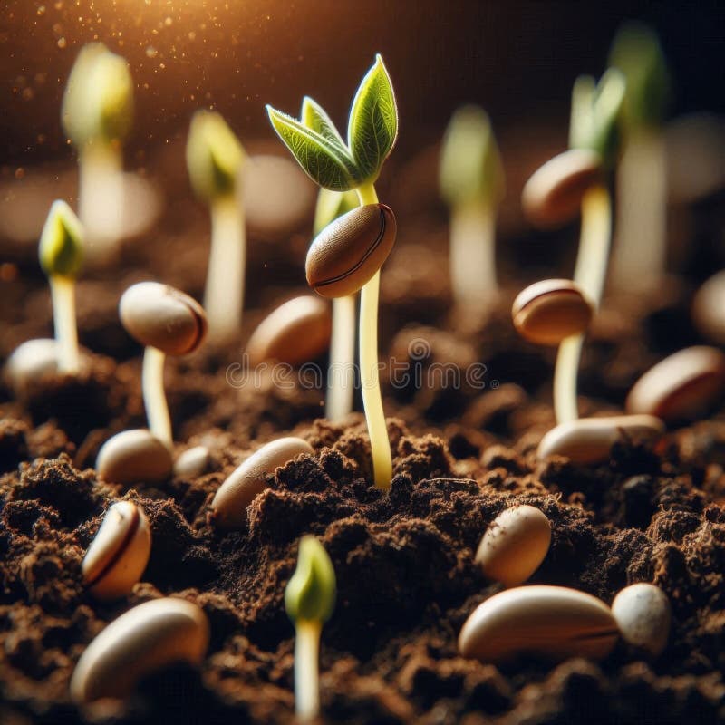 Close-Up of Seeding and Germinating Beans in Soil, Early Stages of ...