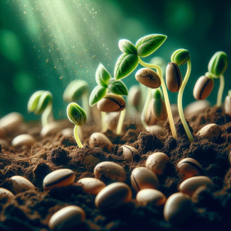 Close-Up of Seeding and Germinating Beans in Soil, Early Stages of ...
