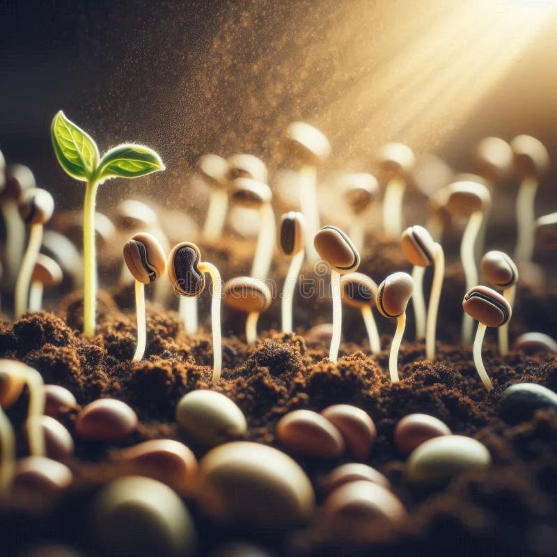 Close-Up of Seeding and Germinating Beans in Soil, Early Stages of ...