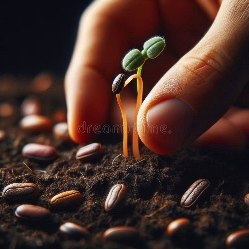 Close-Up of Seeding and Germinating Beans in Soil, Early Stages of ...