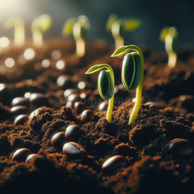 Close-Up of Seeding and Germinating Beans in Soil, Early Stages of ...