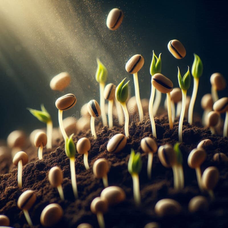 Close-Up of Seeding and Germinating Beans in Soil, Early Stages of ...
