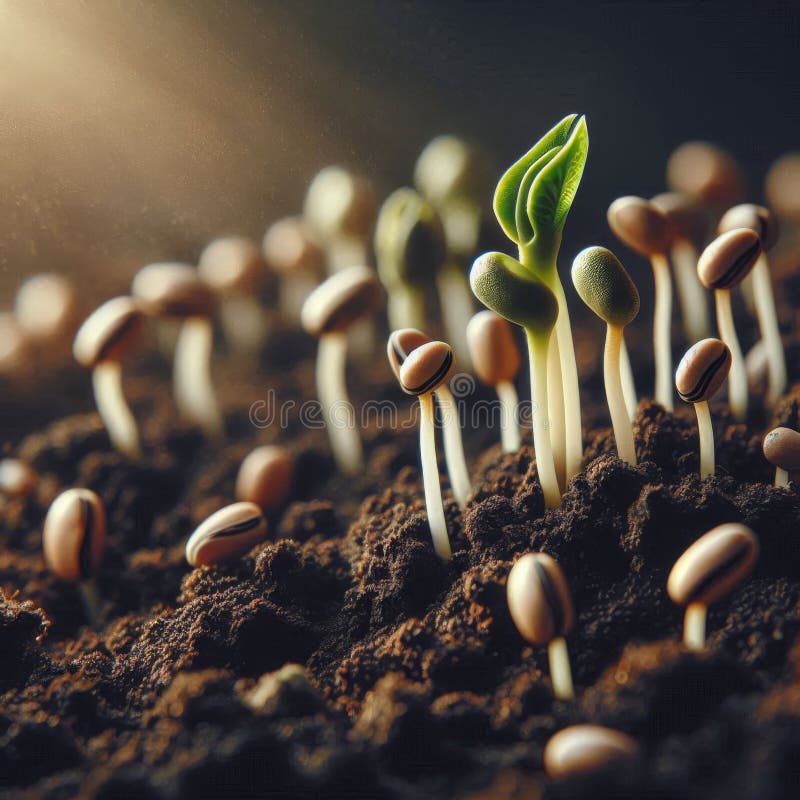 Close-Up of Seeding and Germinating Beans in Soil, Early Stages of ...