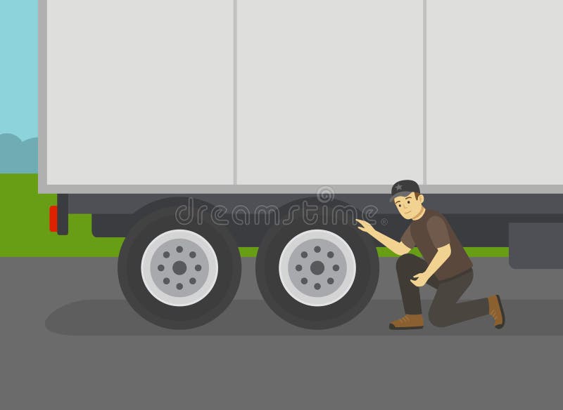 Close-up of Semi-trailer Driver Checking the Tires. Maintain and ...