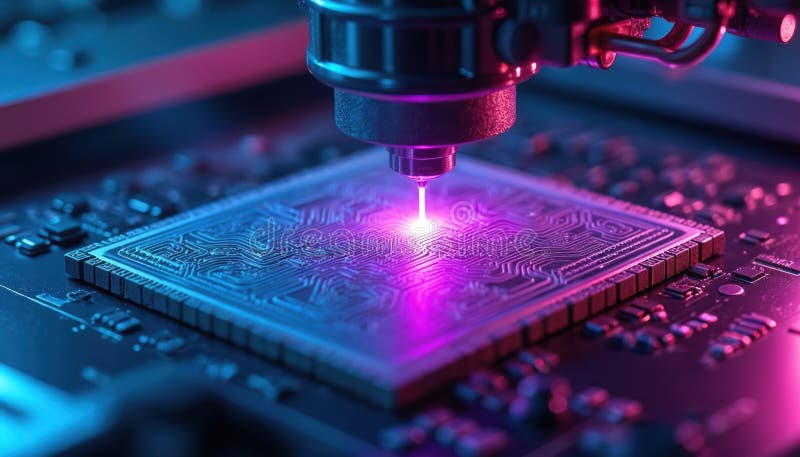 Close-up of Semiconductor Manufacturing with Laser Etching Intricate Patterns Onto Silicon Wafer ...