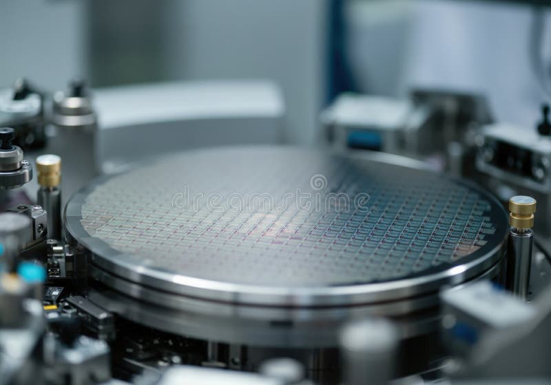 Close-up of a Semiconductor Wafer in a High-tech Manufacturing Facility ...