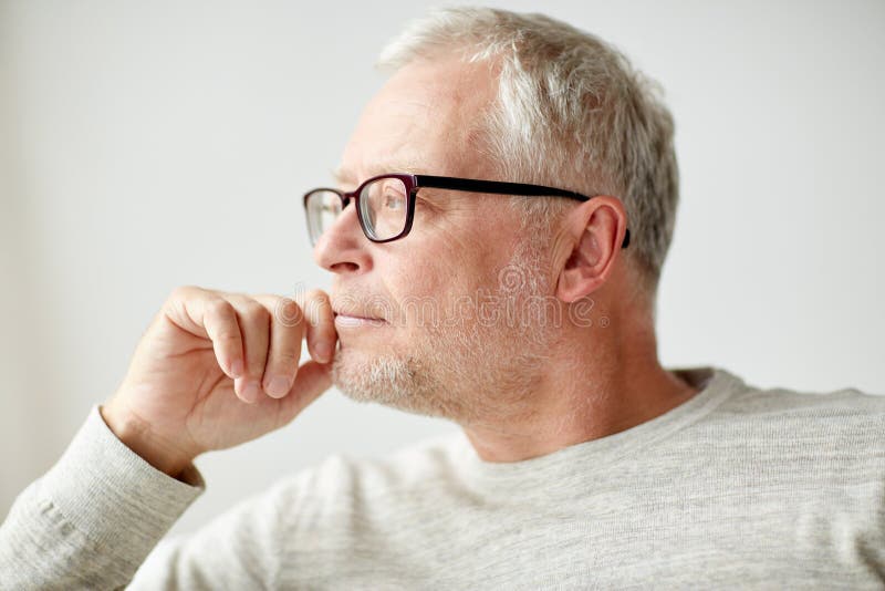 Close Up of Senior Man in Glasses Thinking Stock Image - Image of ...