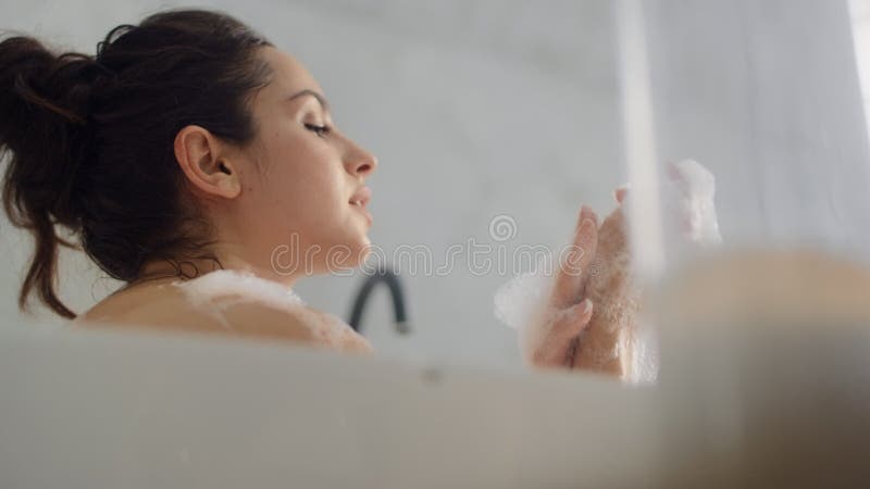 Close Up Sensual Woman Lying In Bathtub With Foam Romantic Girl