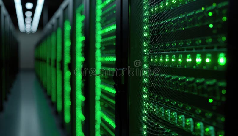 Close-up of Server Cabinets Glowing with Green Lights. Data Center ...