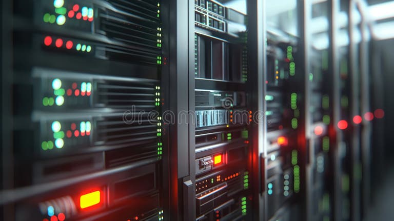 Close-up of Server Equipment in Data Center with Flickering Light ...