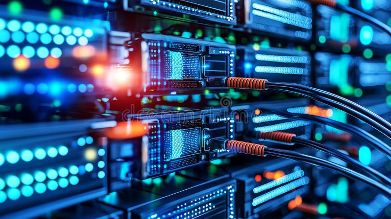 Close-up of Server Hardware with Illuminated Lights, Showcasing Cables ...