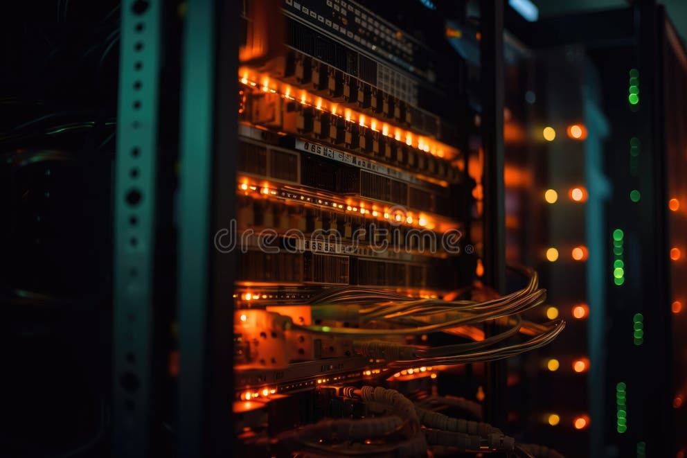 Close-up of Server Rack with Blinking Lights and Cables Stock ...