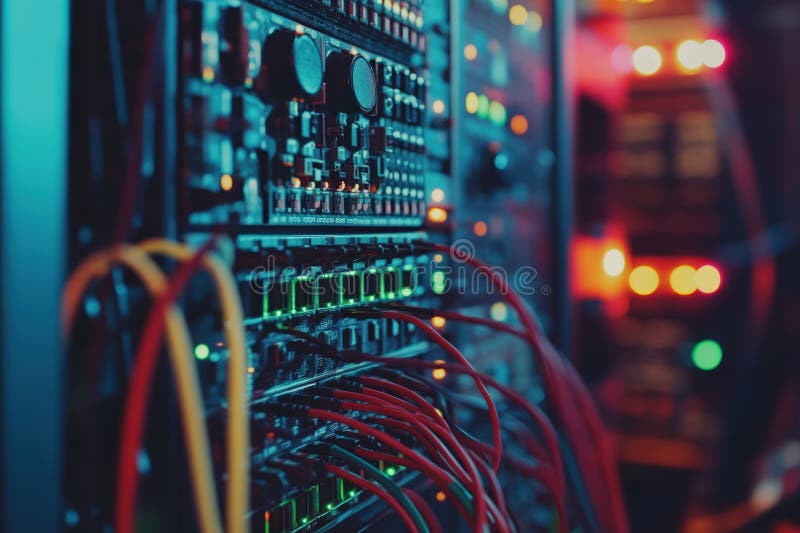 Close-up Server Rack with Cables and Equipment Stock Illustration ...