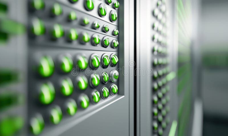 A Close-up of a Server Rack in a Data Center Shows Green Lights ...