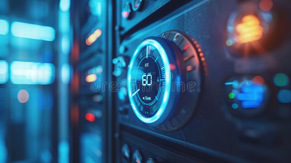 Close-up of a Server Rack with a Digital Speedometer Showing 60 Mbps ...