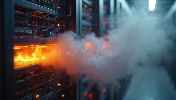 Close-up of Server Rack Engulfed in Flames Inside Data Center ...