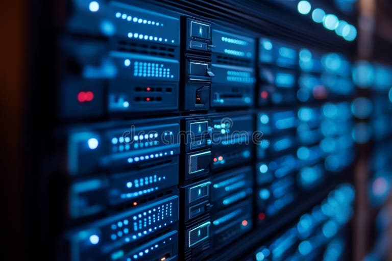 Close-Up of Server Rack Equipment in Data Center, Highlighting Key ...