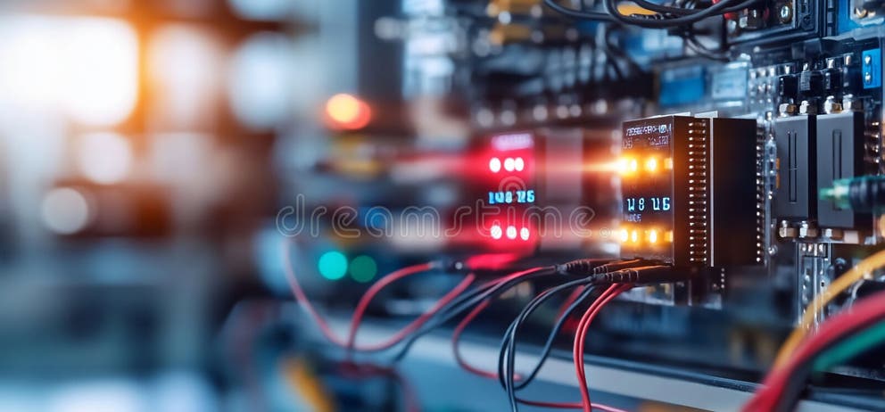 Close-up of Server Rack with Glowing Circuit Boards and Cables Stock ...
