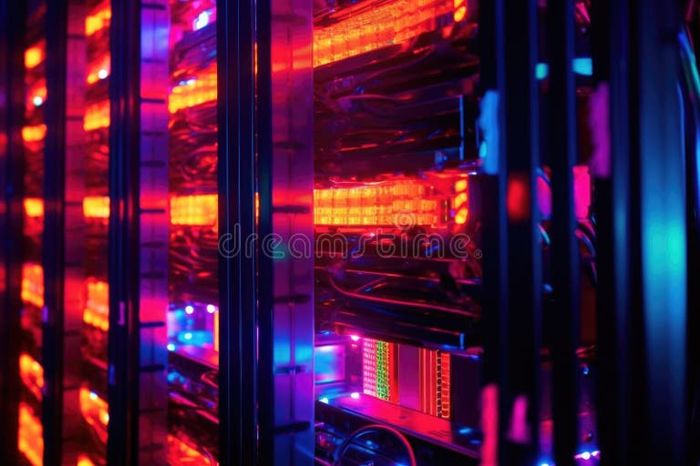 Close-up of a Server Rack with Glowing Led Lights Stock Illustration ...