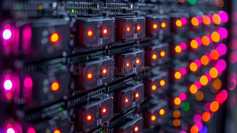 Close-up of a Server Rack with Glowing Lights, Showcasing Data ...
