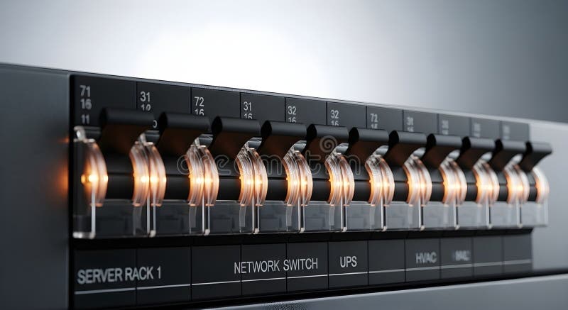 Close-up of a Server Rack with Illuminated Circuit Breakers and Labels ...
