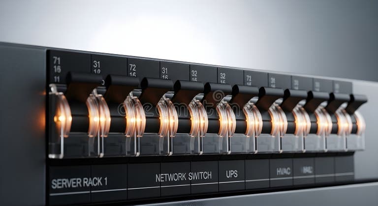 Close-up of a Server Rack with Illuminated Circuit Breakers and Labels ...