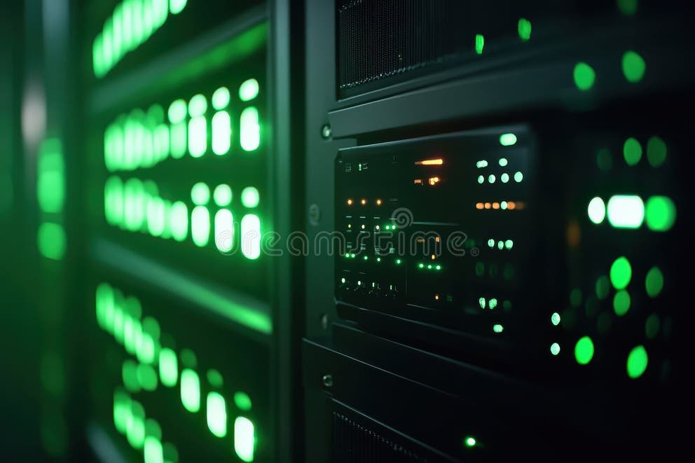 A Close-up of a Server Rack with Illuminated Green Lights, Indicating ...