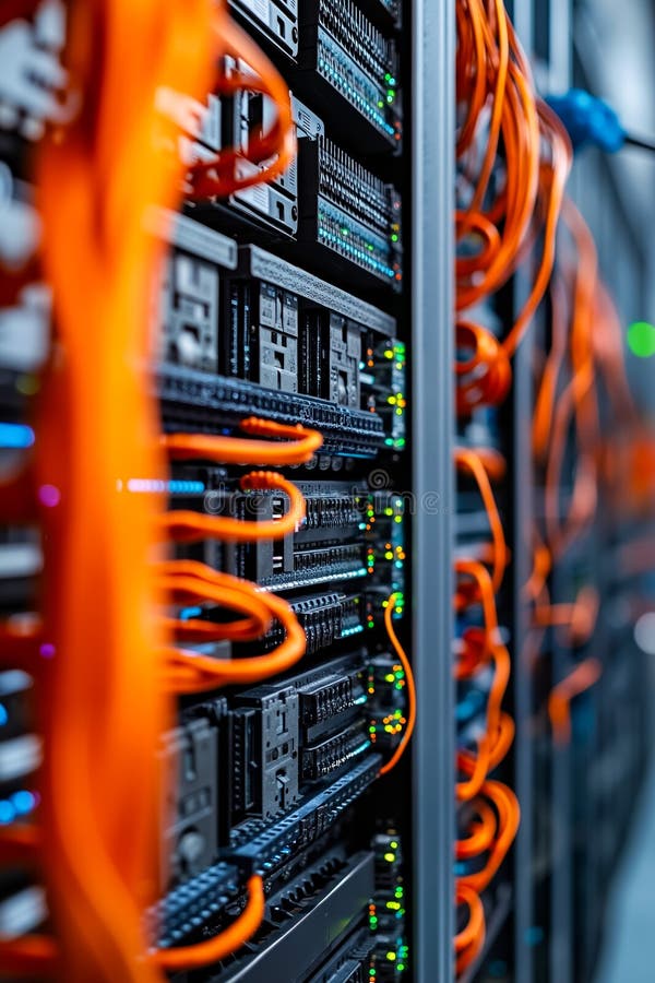 A Row of Servers in a Server Room with Orange Cables Stock Image ...