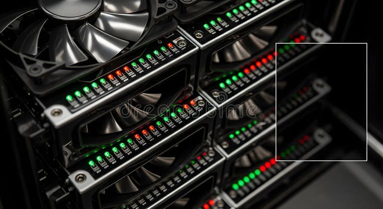 Close-up of a Server Rack with Multiple Hard Drives and LED Status ...