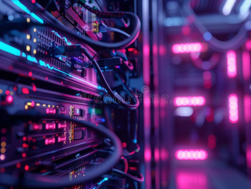 Close-up of a Server Rack with Pink and Blue Lights in a Data Center ...