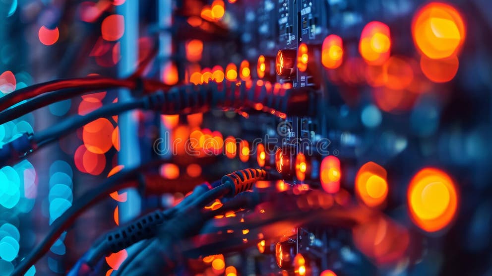 Close-up of Server Rack with Red Lights and Cables Stock Illustration ...