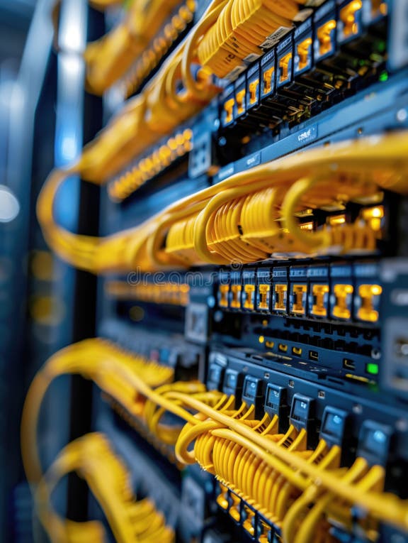 Close-up of Server Rack with Yellow Ethernet Cables and Illuminated ...