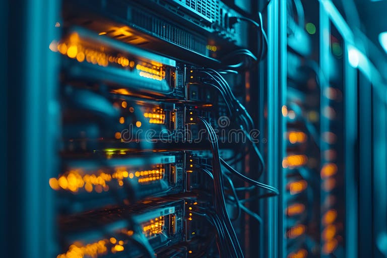Close-Up of Server Racks with Cables and Glowing Lights in a Data Center, Highlighting Network ...
