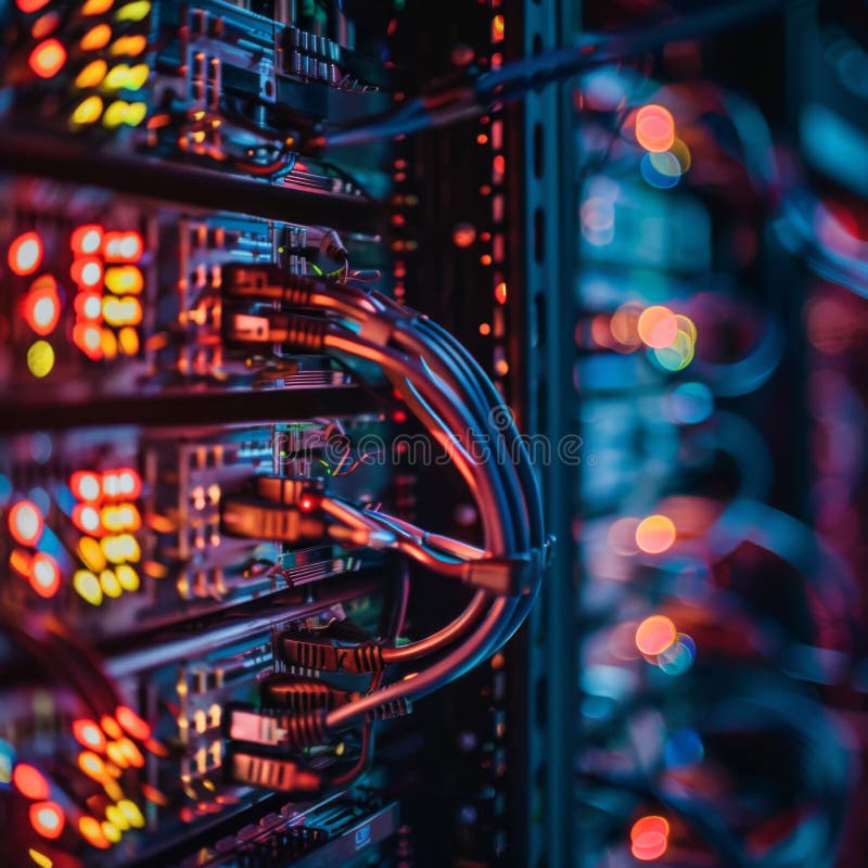 Close-up of Server Racks with Cables and Lights Stock Illustration ...