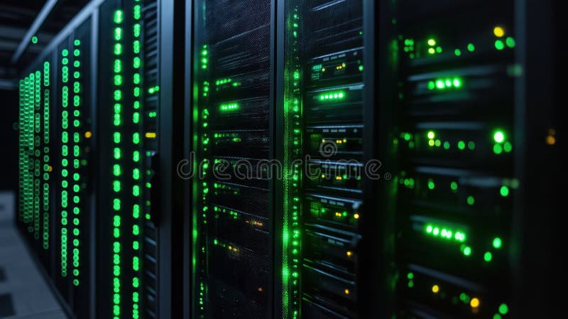 Close-up Server Racks in Dark Room. Green Lights Illuminate Tech ...
