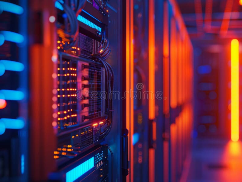 Close-up of Server Racks in a Data Center with Red and Blue Lights ...