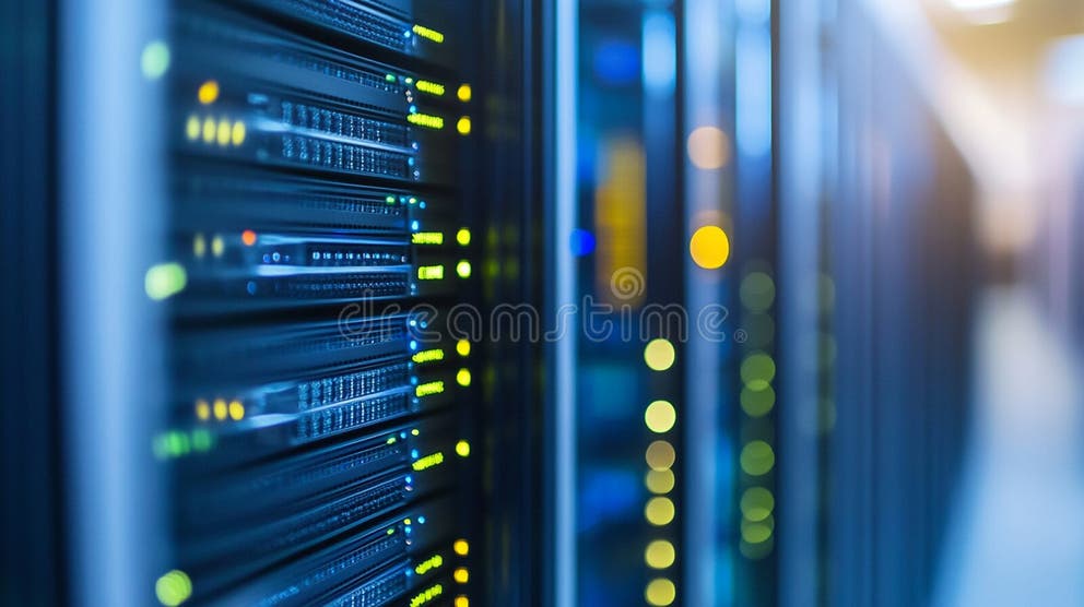 Close-up of Server Racks with Glowing LED Indicators Stock Illustration ...