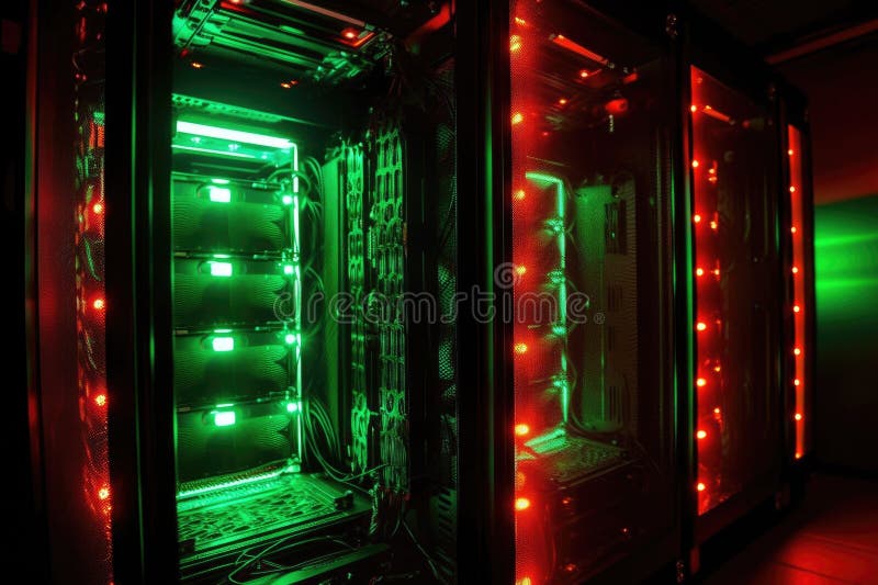 Close-up of Server Racks with Glowing Led Lights Stock Illustration ...