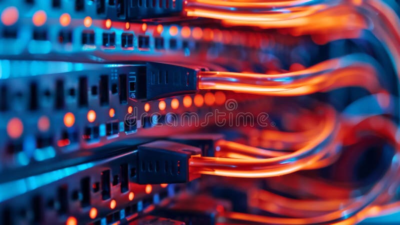 Close-Up of Server Racks with Glowing Network Cables Stock Illustration ...