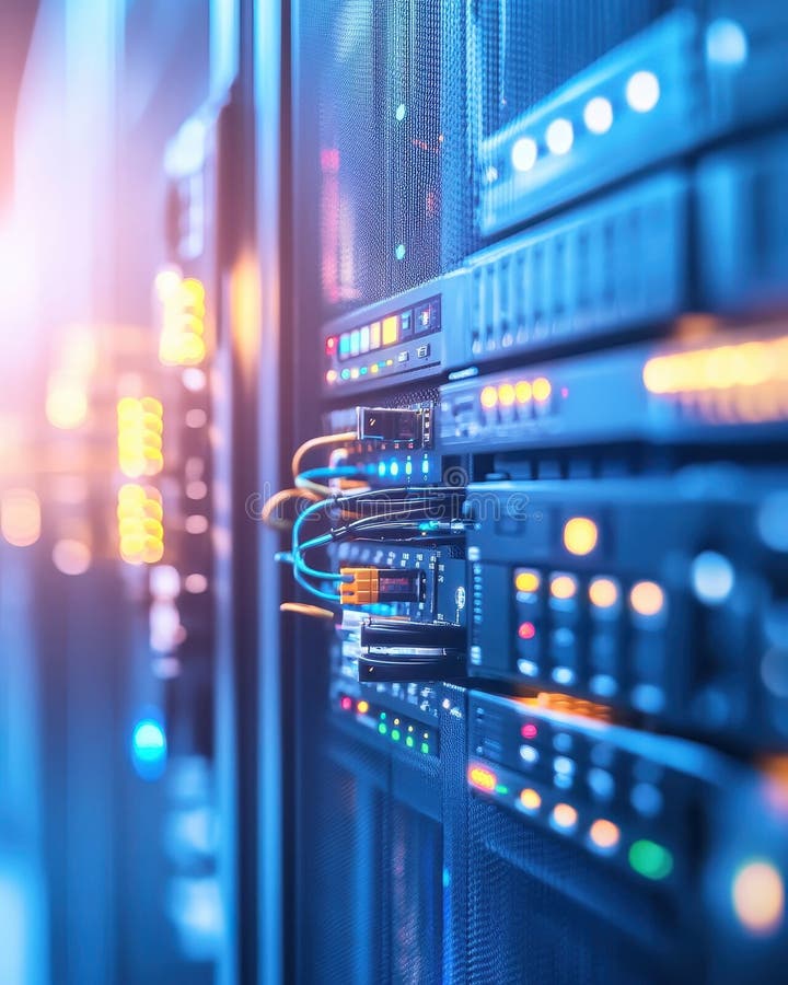 Close-up of Server Racks with Illuminated Indicators and Connected ...