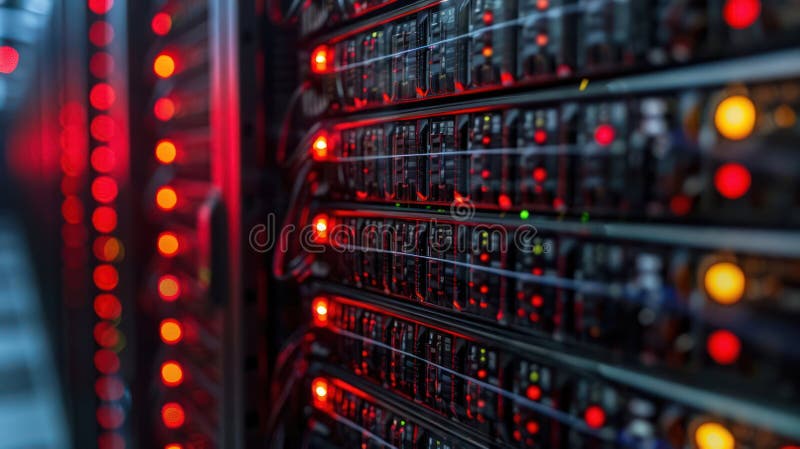 A Close-up of Server Racks with Illuminated Indicators in a Data Center ...